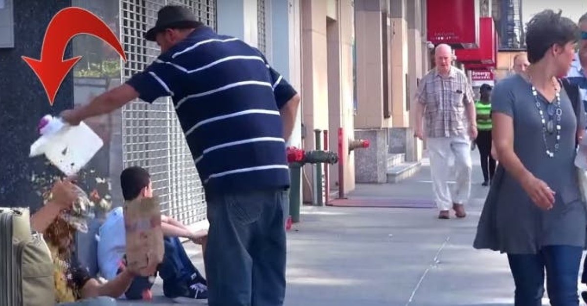This poor homeless man gets food thrown in his face! His reaction will ...