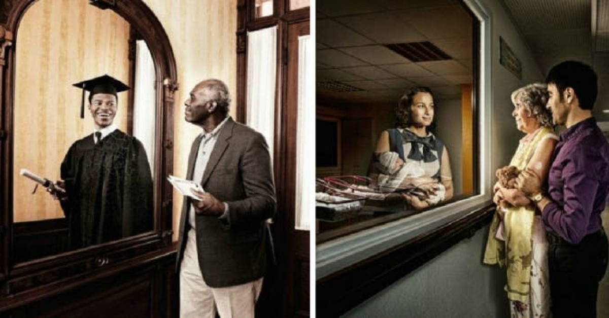 These elderly people are looking at their younger reflections in the ... These elderly people are looking at their younger reflections in the ...