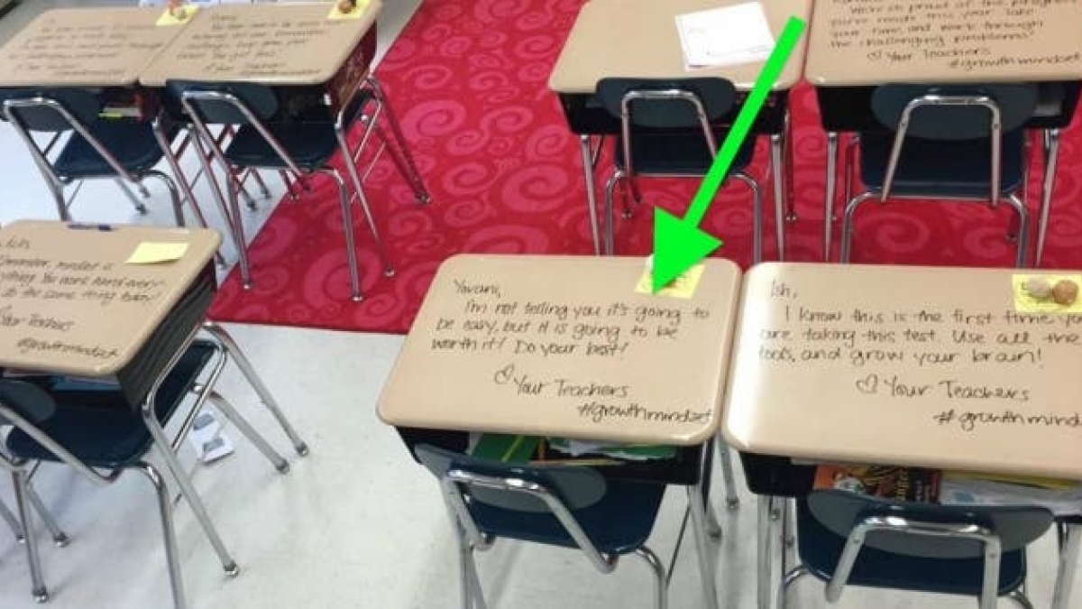 This teacher likes to scribble notes on all her students’ desks, just ...